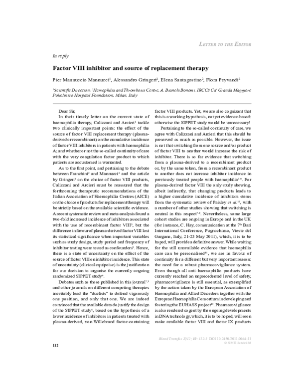 (PDF) Factor VIII inhibitor and source of replacement therapy