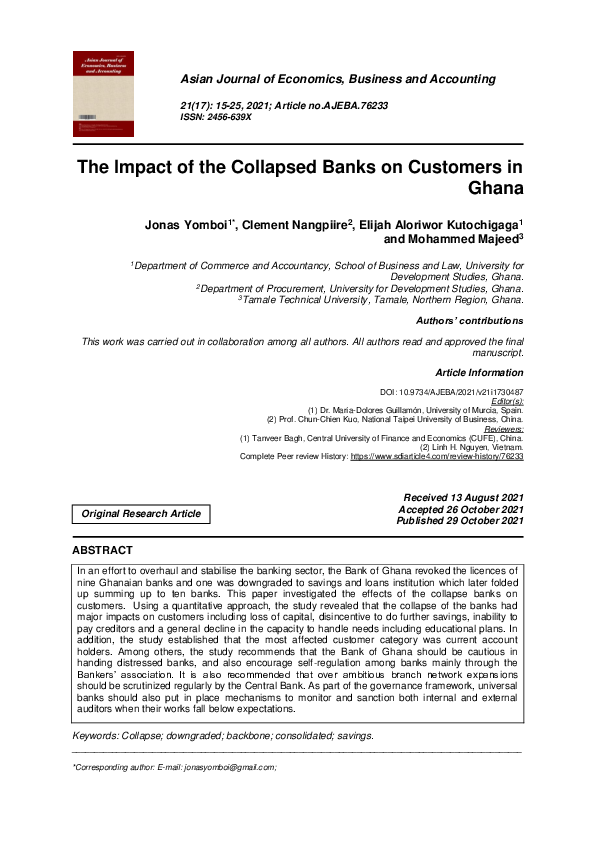 (PDF) The Impact of the Collapsed Banks on Customers in Ghana | Jonas ...