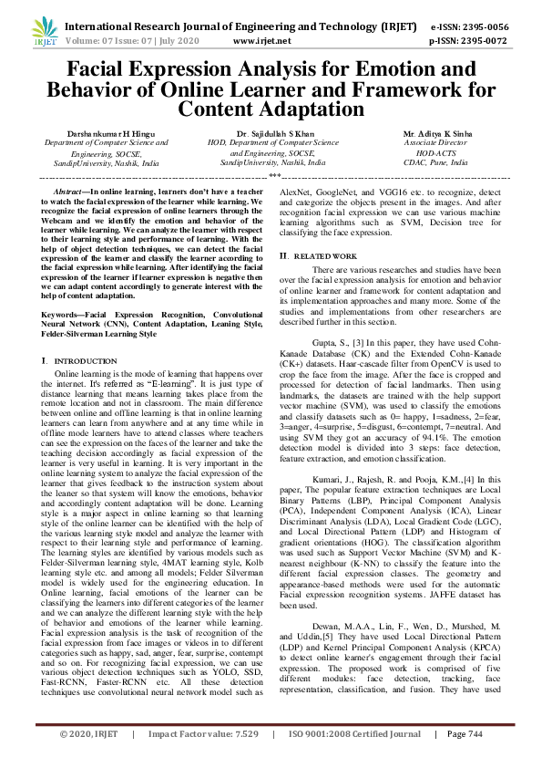 (PDF) Facial Expression Analysis for Emotion and Behavior of Online Learner and Framework for ...