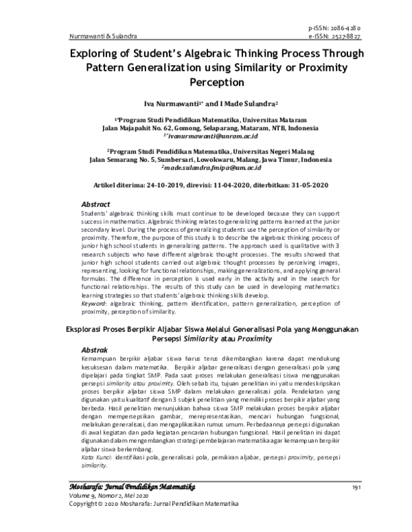 (PDF) Exploring of Student’s Algebraic Thinking Process Through Pattern ...