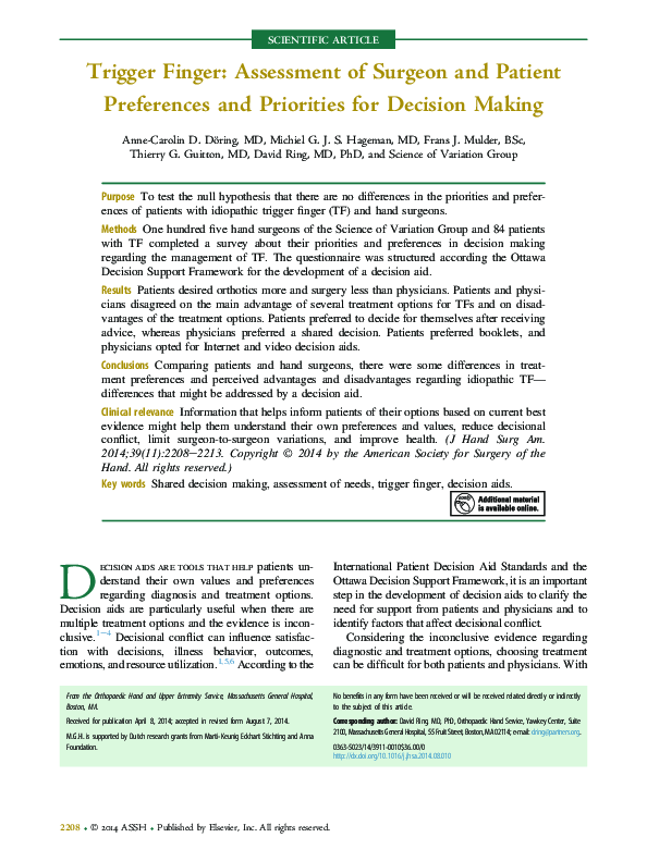 (PDF) Trigger Finger: Assessment of Surgeon and Patient Preferences and ...