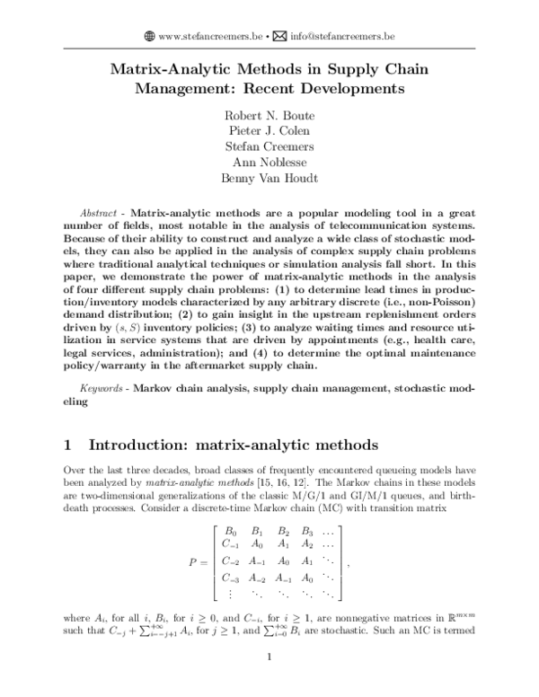 Pdf Matrix Analytic Methods In Supply Chain Management Recent Developments