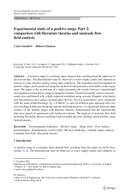 (PDF) Experimental study of hydrodynamics in a positive surge. Part 2 ...