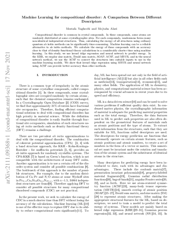 Pdf Machine Learning For Compositional Disorder A Comparison Between Different Descriptors