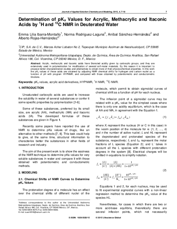 (PDF) Determination of pK a Values for Acrylic, Methacrylic and Itaconic Acids by 1 H and 13 C ...