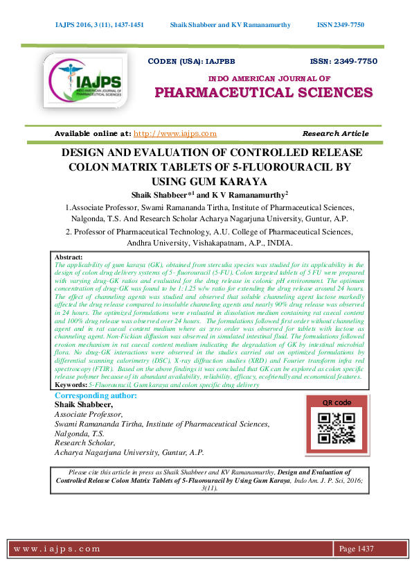 Pdf Design And Evaluation Of Controlled Release Colon Matrix Tablets Of 5 Fluorouracil By