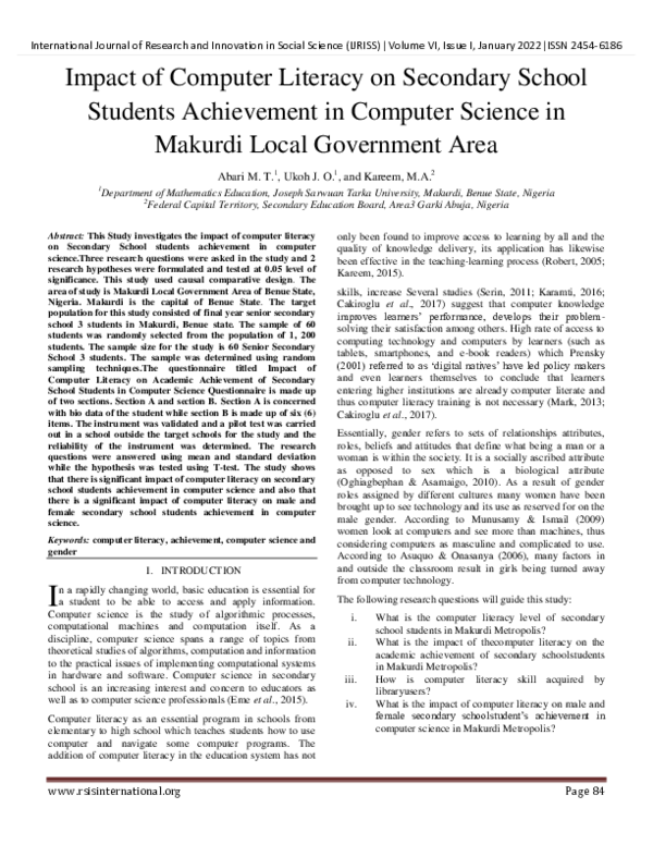 (PDF) Impact of Computer Literacy on Secondary School Students ...