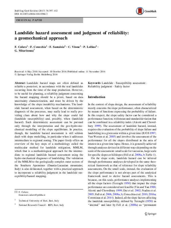 (PDF) Landslide hazard assessment and judgment of reliability: a geomechanical approach