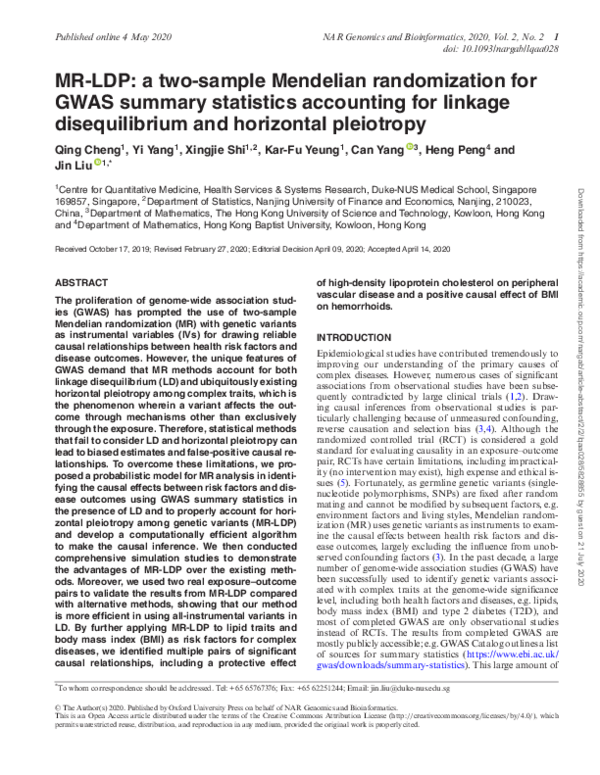 (PDF) MR-LDP: Two-Sample Mendelian Randomization for GWAS Data