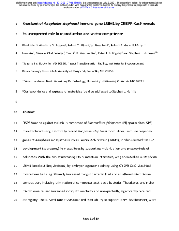 (PDF) Knockout of Anopheles stephensi immune gene LRIM1 by CRISPR-Cas9 ...