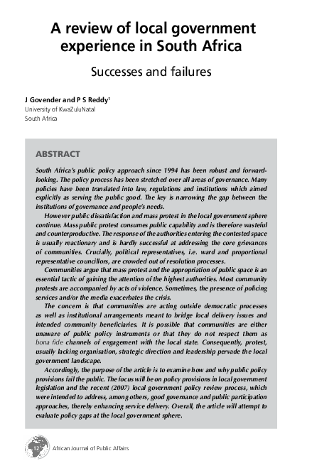 (PDF) A review of local government experience in South Africa ...
