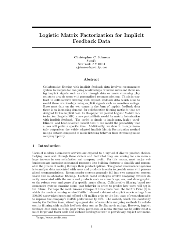 Pdf Logistic Matrix Factorization For Implicit Feedback Data