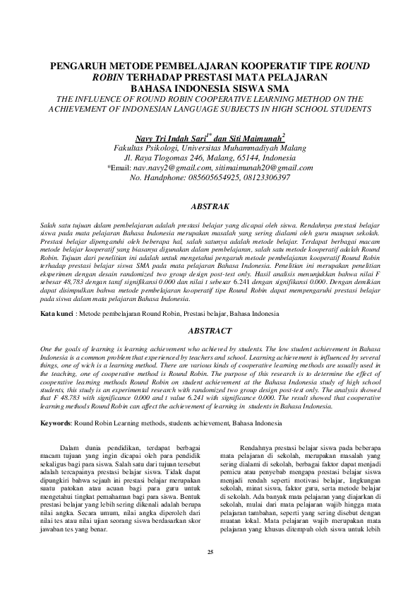 (PDF) Pengaruh Metode Pembelajaran Kooperatif Tipe Round Robin Terhadap Prestasi Mata Pelajaran ...