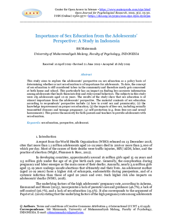 Pdf Importance Of Sex Education From The Adolescents Perspective A