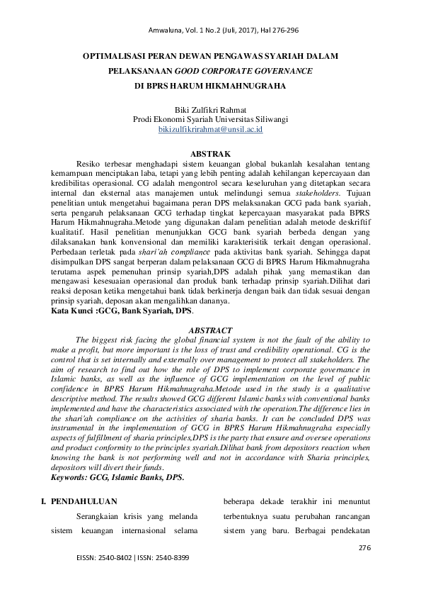(PDF) Optimalisasi Peran Dewan Pengawas Syariah Dalam Pelaksanaan Good Corporate Governance DI ...