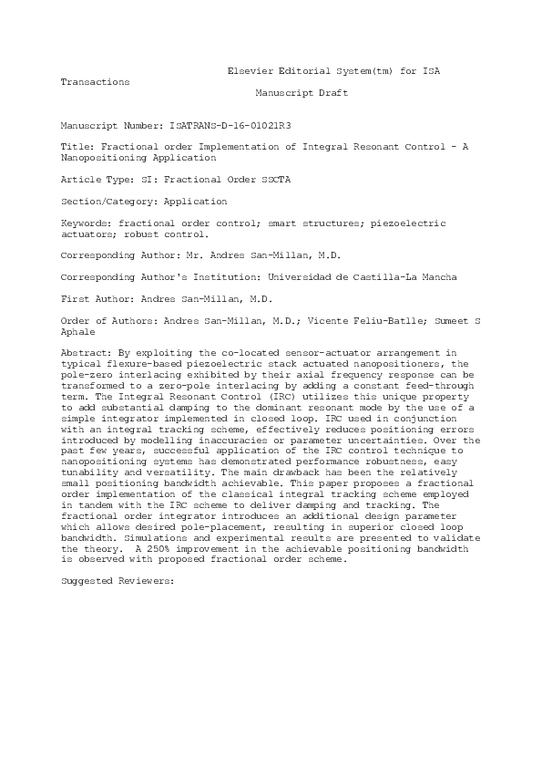 (PDF) Fractional order implementation of Integral Resonant Control - A nanopositioning application