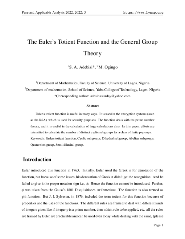 (PDF) The Euler's Totient Function and the General Group Theory