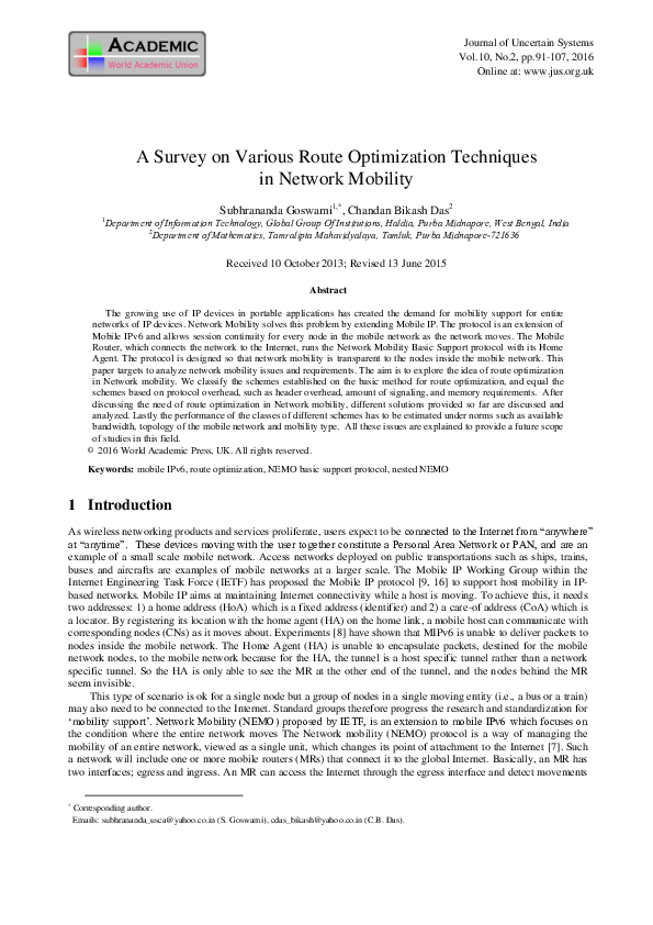 (PDF) A Survey on Various Route Optimization Techniques in Network Mobility