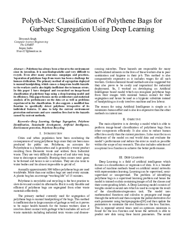 (PDF) Polyth-Net: Classification of Polythene Bags for Garbage Segregation Using Deep Learning