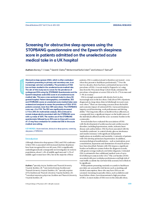 (PDF) Screening for obstructive sleep apnoea using the STOPBANG ...