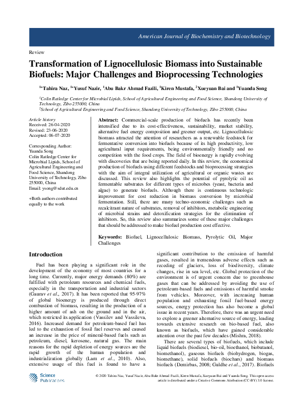 (PDF) Transformation of Lignocellulosic Biomass into Sustainable Biofuels: Major Challenges and ...