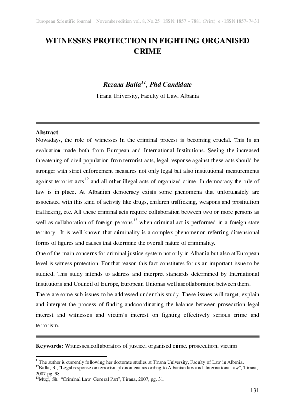 (PDF) Witnesses Protection in Fighting Organised Crime