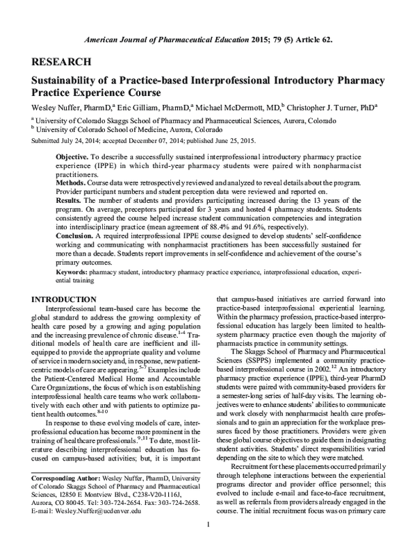 (PDF) Sustainability of a Practice-based Interprofessional Introductory Pharmacy Practice ...