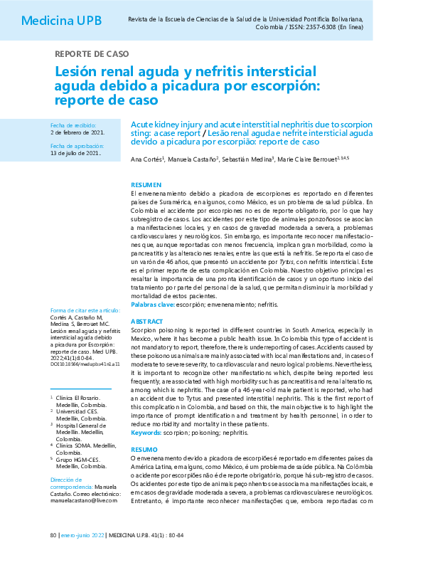 (PDF) Lesión renal aguda y nefritis intersticial aguda debido a picadura por escorpión: reporte ...