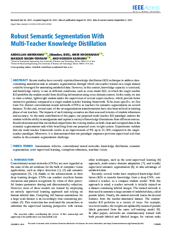 (PDF) Robust Semantic Segmentation With Multi-Teacher Knowledge Distillation | amir khosravian ...