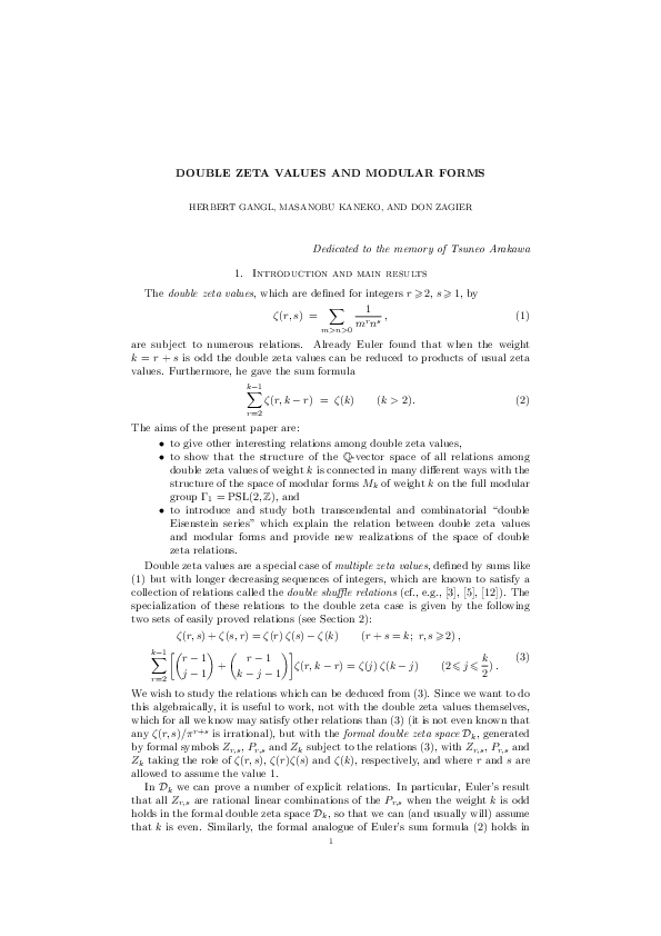 Pdf Double Zeta Values And Modular Forms