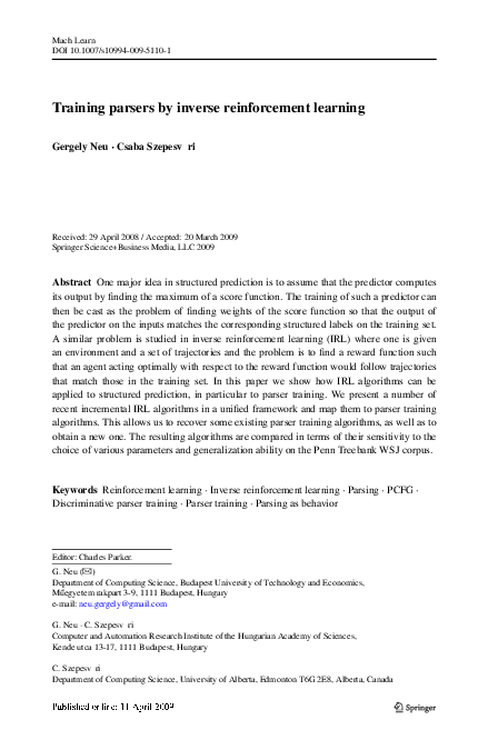 (PDF) Training parsers by inverse reinforcement learning