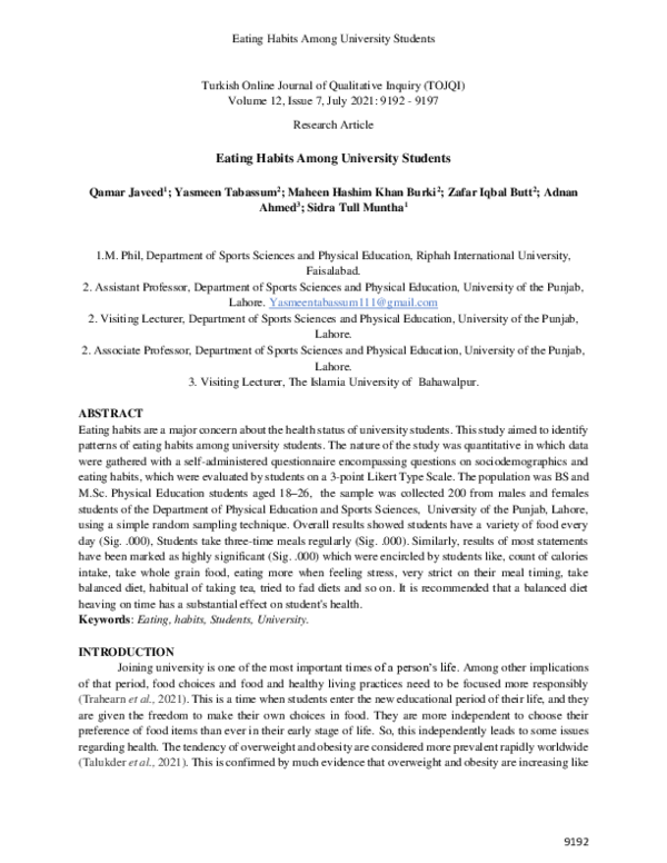 (PDF) Eating Habits Among University Students