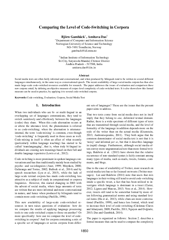 (PDF) Comparing the Level of Code-Switching in Corpora