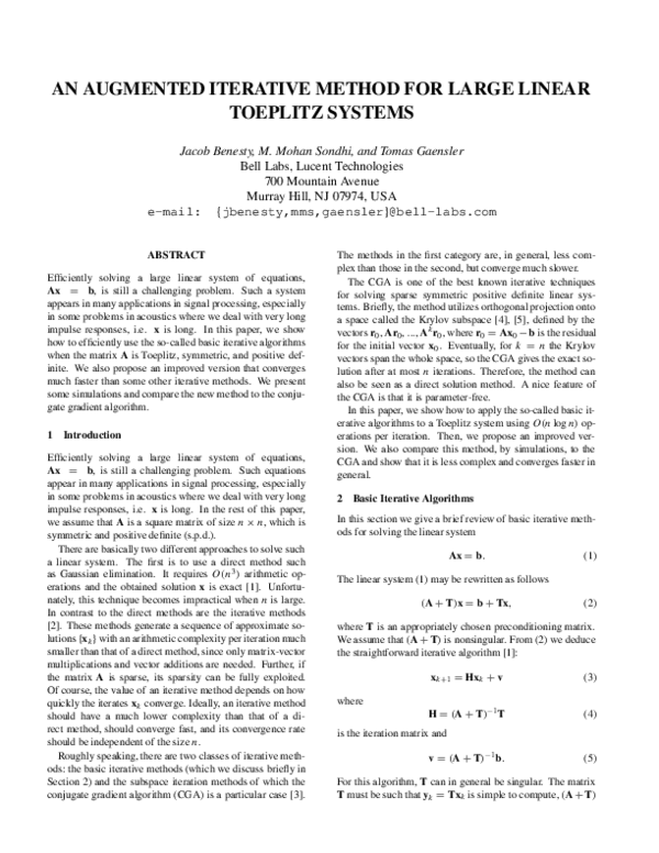 Pdf An Augmented Iterative Method For Large Linear Toeplitz Systems 7429