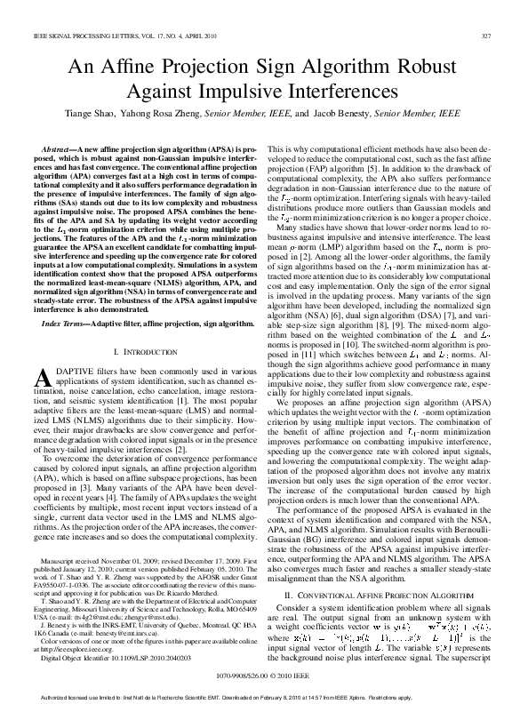 Pdf An Affine Projection Sign Algorithm Robust Against Impulsive Interferences Jacob Benesty