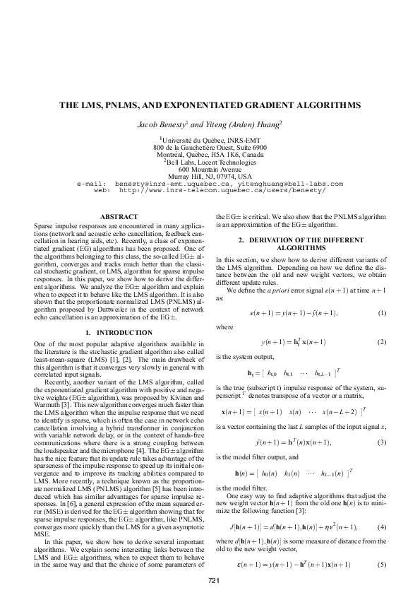(PDF) The Lms, Pnlms, And Exponentiated Gradient Algorithms | Jacob Benesty - Academia.edu