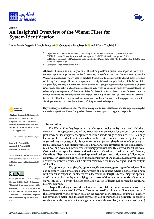 (PDF) An Insightful Overview of the Wiener Filter for System Identification