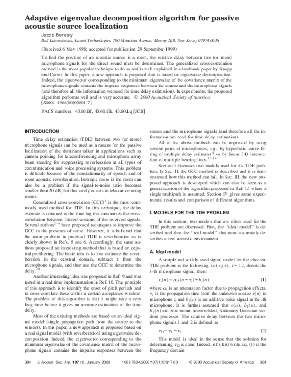(PDF) Adaptive eigenvalue decomposition algorithm for passive acoustic source localization