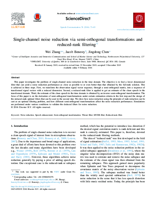 (PDF) Single-channel noise reduction via semi-orthogonal transformations and reduced-rank ...