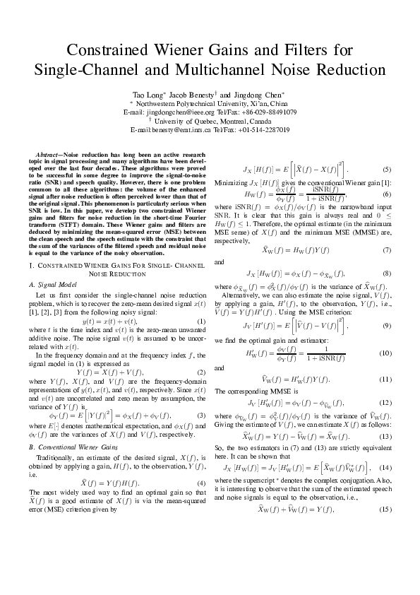 (PDF) Constrained Wiener gains and filters for single-channel and multichannel noise reduction ...
