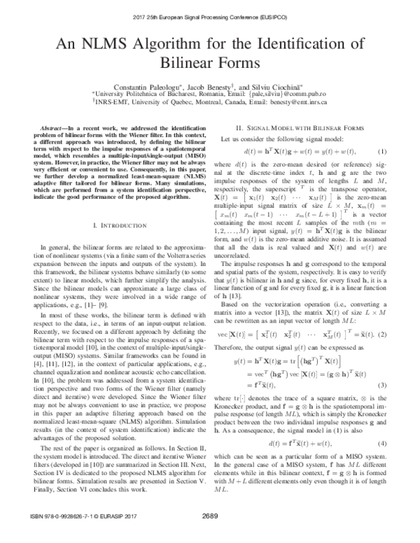 Pdf An Nlms Algorithm For The Identification Of Bilinear Forms