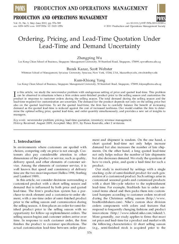 (PDF) Ordering, Pricing, and Lead-Time Quotation Under Lead-Time and ...