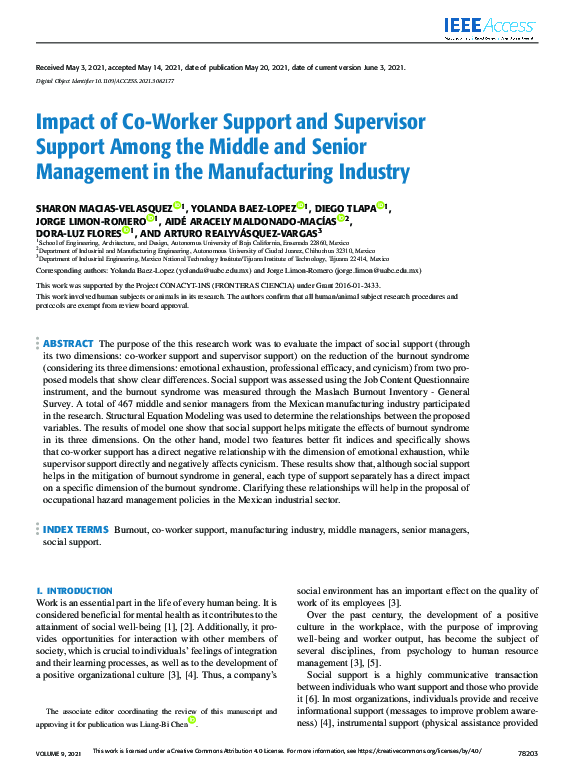 (PDF) Impact of Co-Worker Support and Supervisor Support Among the ...