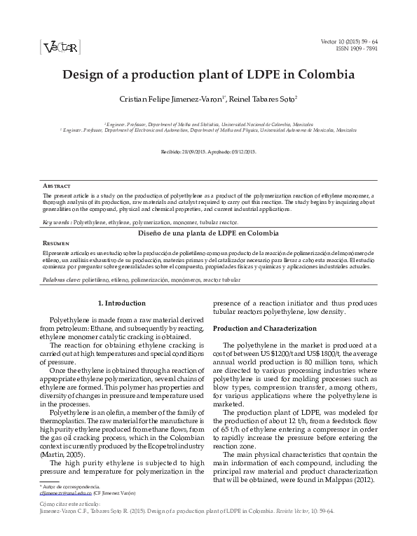 (PDF) Design of a production plant of LDPE in Colombia