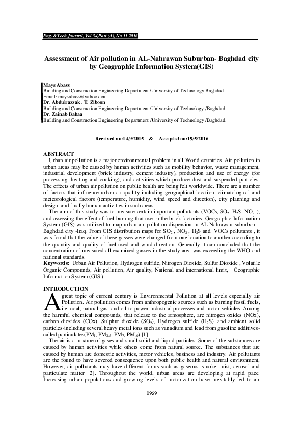 (PDF) Assessment of Air pollution in AL-Nahrawan Suburban-Baghdad city ...