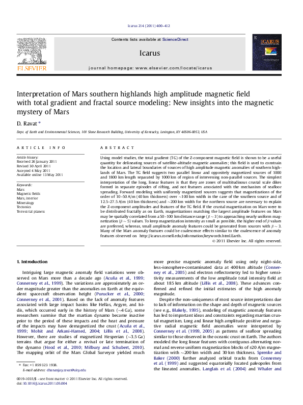 (PDF) Interpretation of Mars southern highlands high amplitude magnetic ...