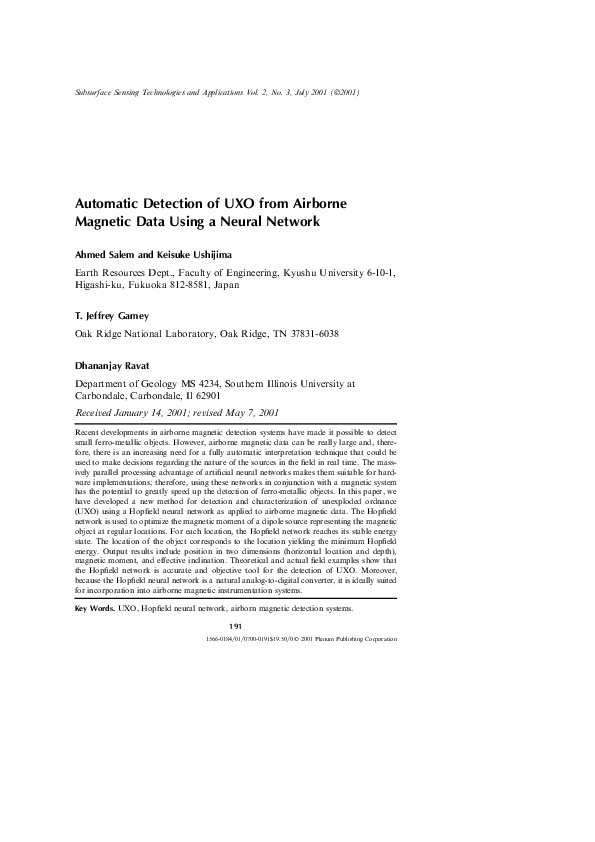 (PDF) Automatic Detection of UXO from Airborne Magnetic Data Using a ...