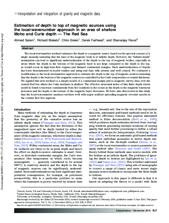 (PDF) Estimation of depth to top of magnetic sources using the local-wavenumber approach in an ...
