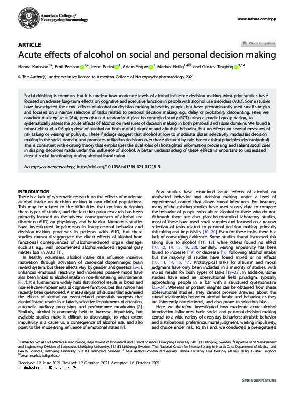 (PDF) Acute effects of alcohol on social and personal decision making