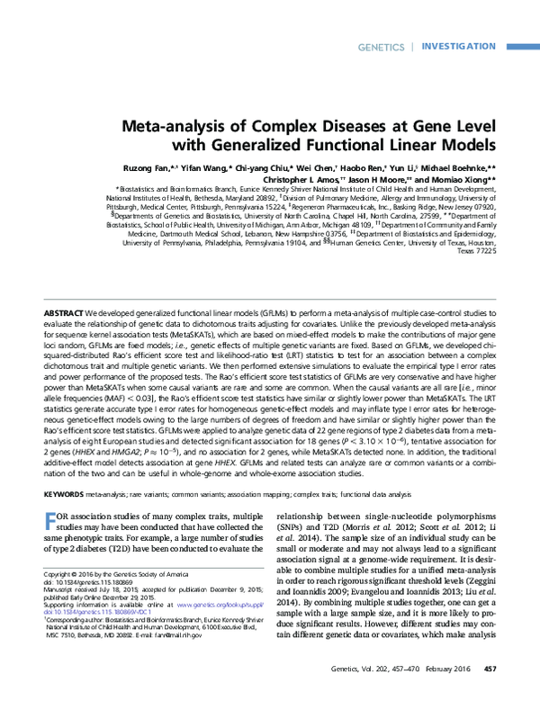 (PDF) Meta-analysis of Complex Diseases at Gene Level by Generalized Functional Linear Models